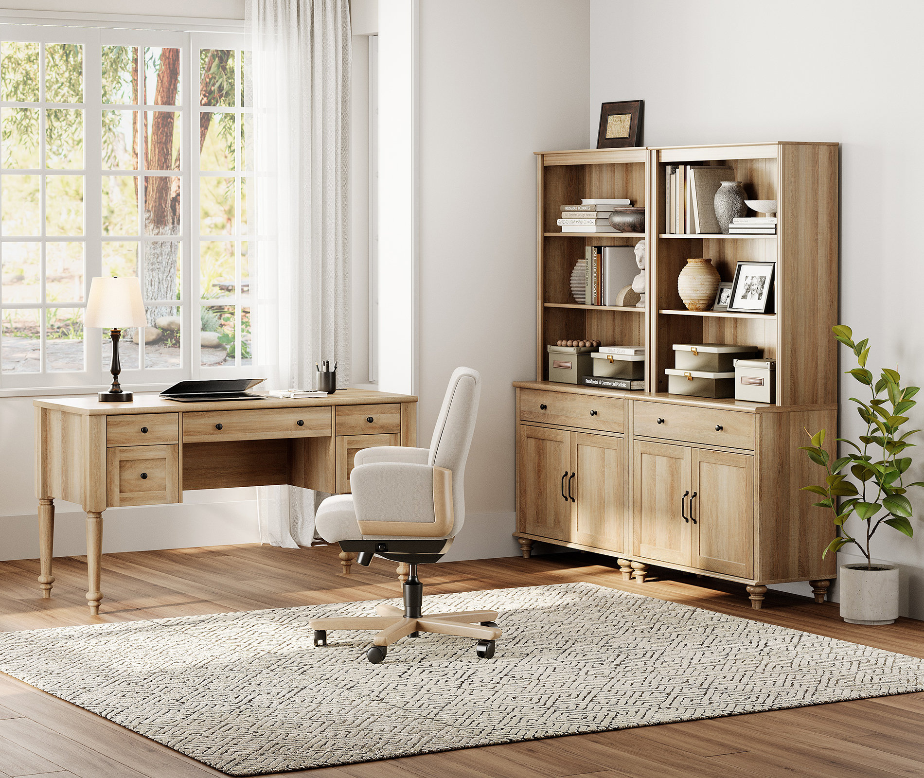 Red Barrel Studio® 2 Piece Office Set, 56" Executive Desk & Set Of 2 Bookcases, Oak | Wayfair